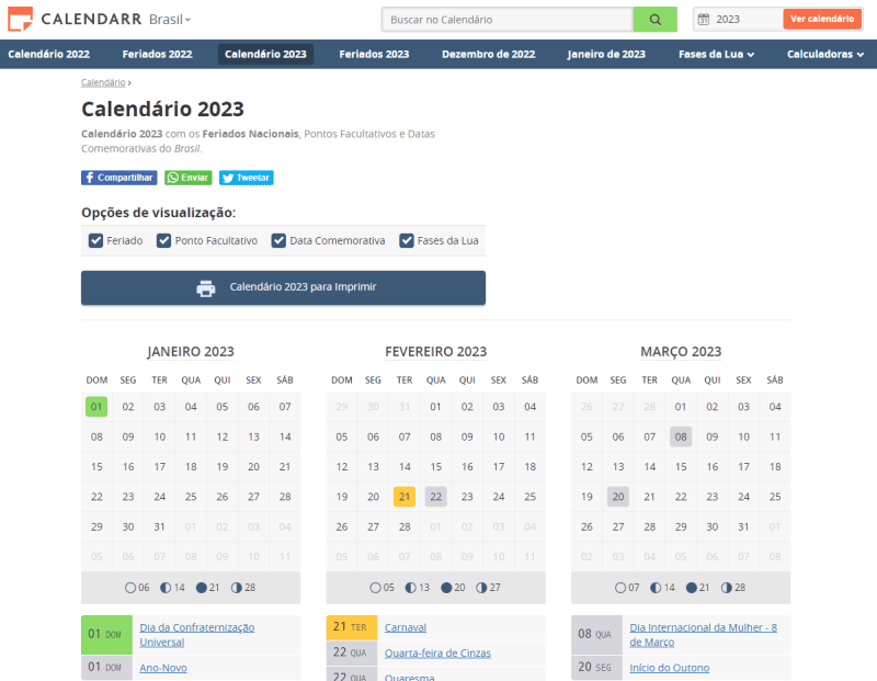 Como imprimir o Calendário 2023 com feriados e datas comemorativas