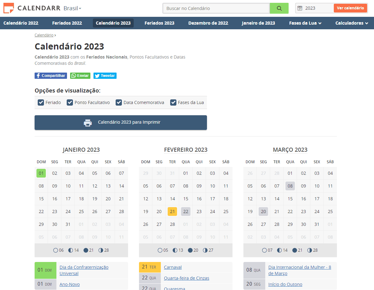 Como imprimir o Calendário 2023 com feriados e datas comemorativas