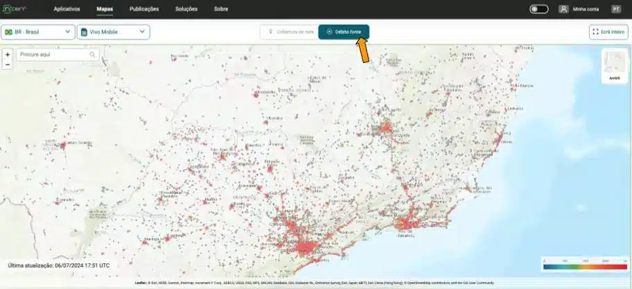 Map shows the 5G, 4G and 3G coverage of VIVO, CLARO and TIM in Brazil. Look